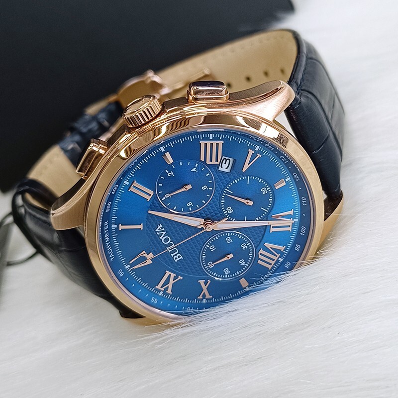 Men's Bulova Wilton Blue Classic Chronograph 97B170 Quartz Leather ...