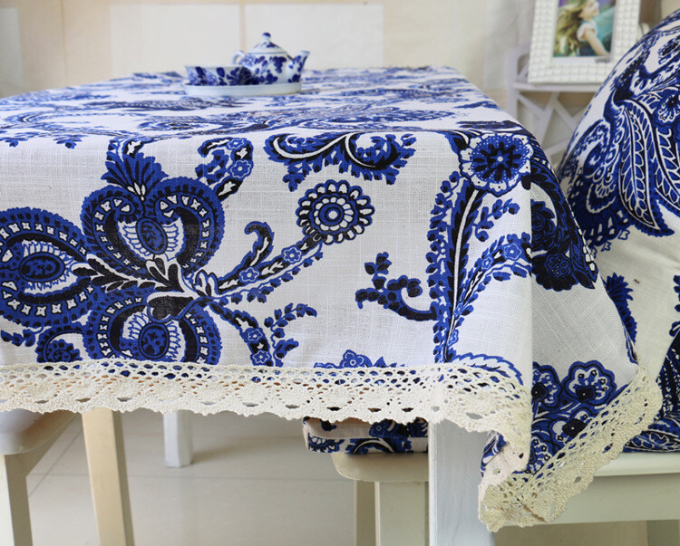 Blue White Flowers Print Table Cloth Decorative Thick 100% Cotton Table ...