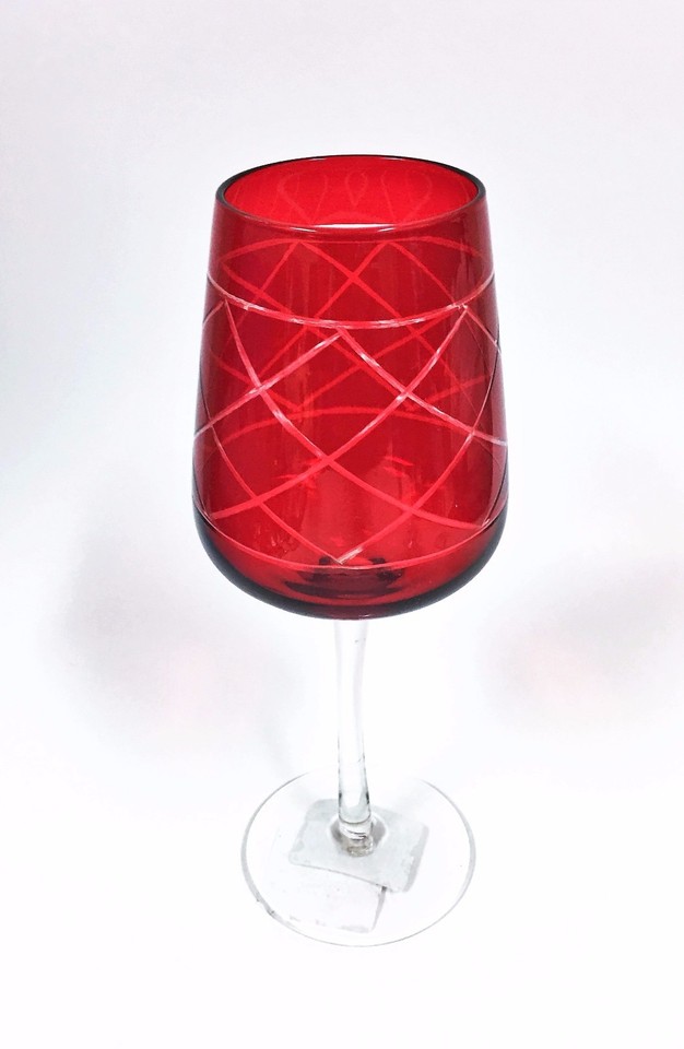 NEW SET OF 6 ALL PURPOSE RED+CLEAR CRYSTAL CUT GLASS WINE,GOBLET GLASS ...