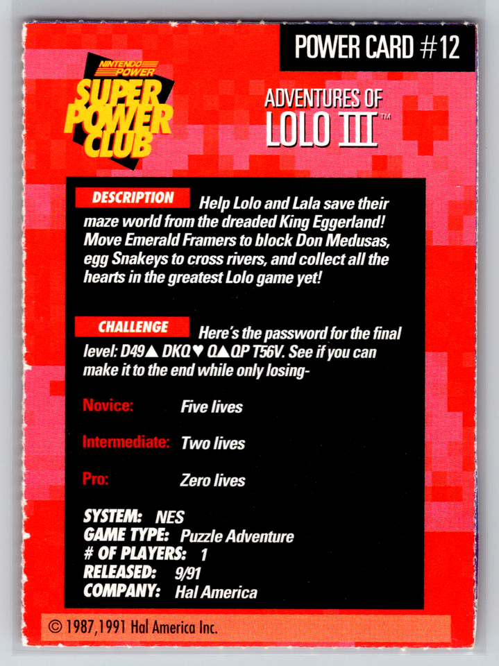 Adventures of Lolo III 3 Nintendo Super Power Club Magazine Card #12 Perforated | eBay
