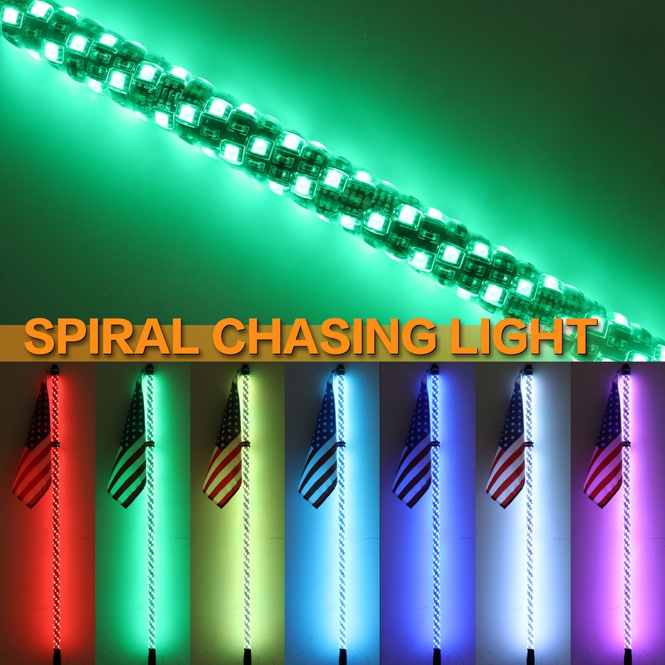 2X 3ft Lighted Spiral LED Whip Antenna w/Flag + 4 Pods RGB Rock Lights ...