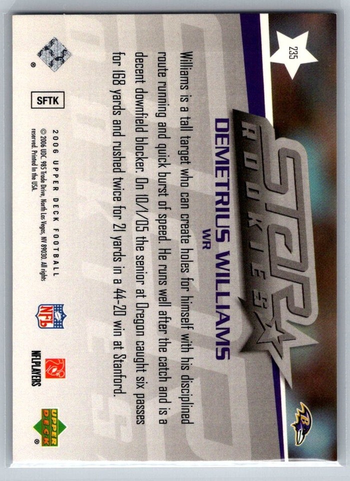 2006 Upper Deck #235 Demetrius Williams Star Rookies RC Ravens | eBay