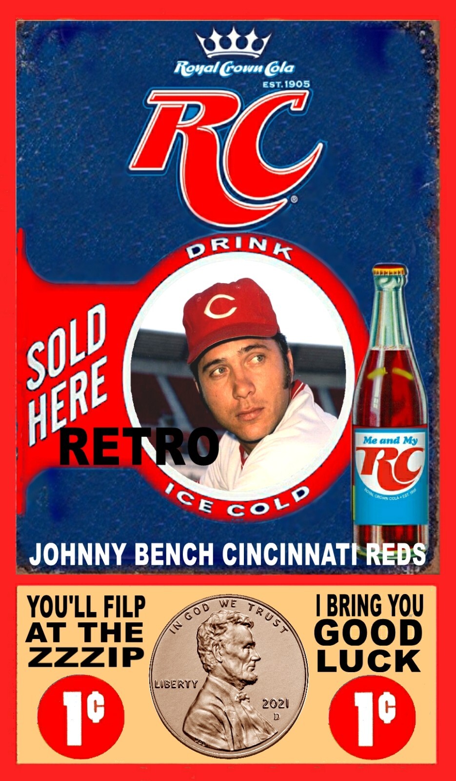 JOHNNY BENCH STYLE ADS ONE CENT ROYAL CROWN COLA ART CARD | eBay