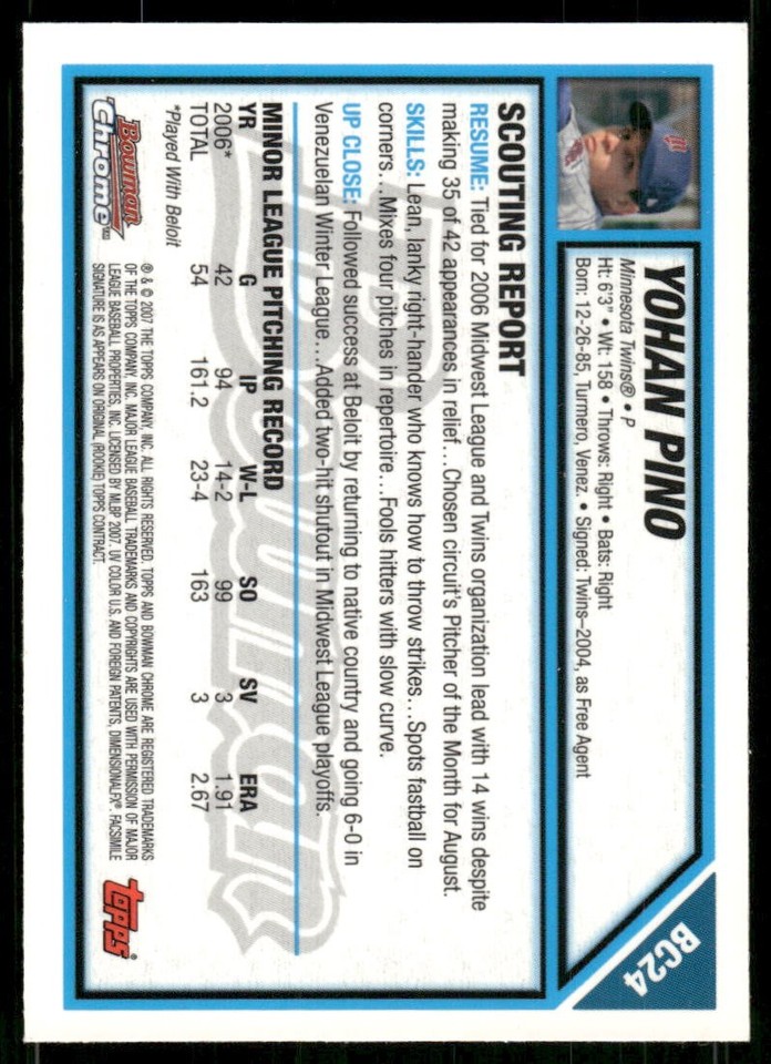 Yohan Pino 2007 Bowman Baseball #BC24 - Minnesota Twins | eBay