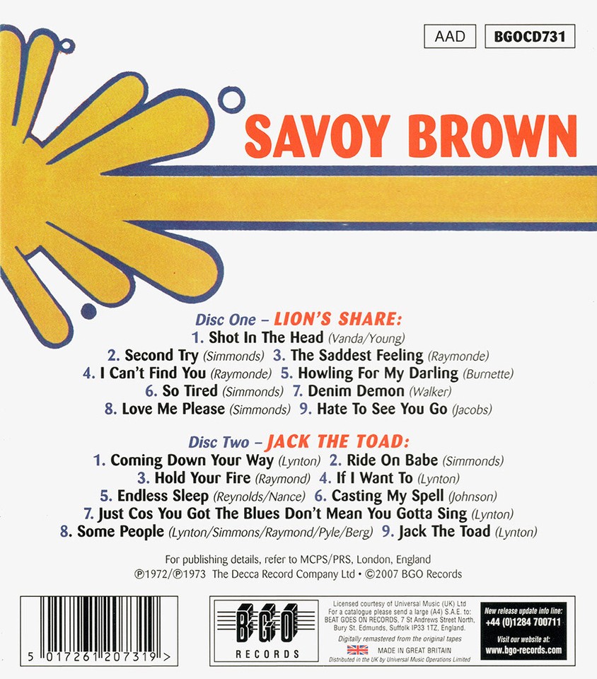 Savoy Brown ~ Lion's Share / Jack The Toad CD 2007 BGO Records UK ...