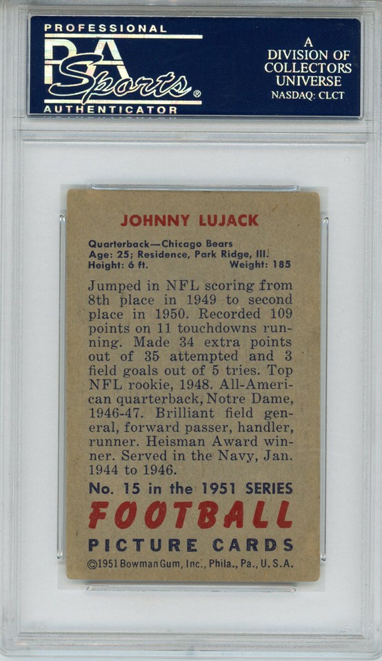 Johnny Lujack Autographed/Signed 1951 Bowman #15 Trading Card PSA Slab ...