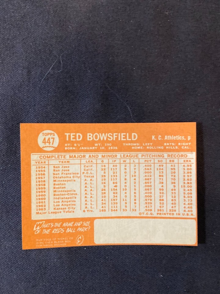 1964 Topps from Vending break Pack Fresh Est NM or better #447 Ted ...