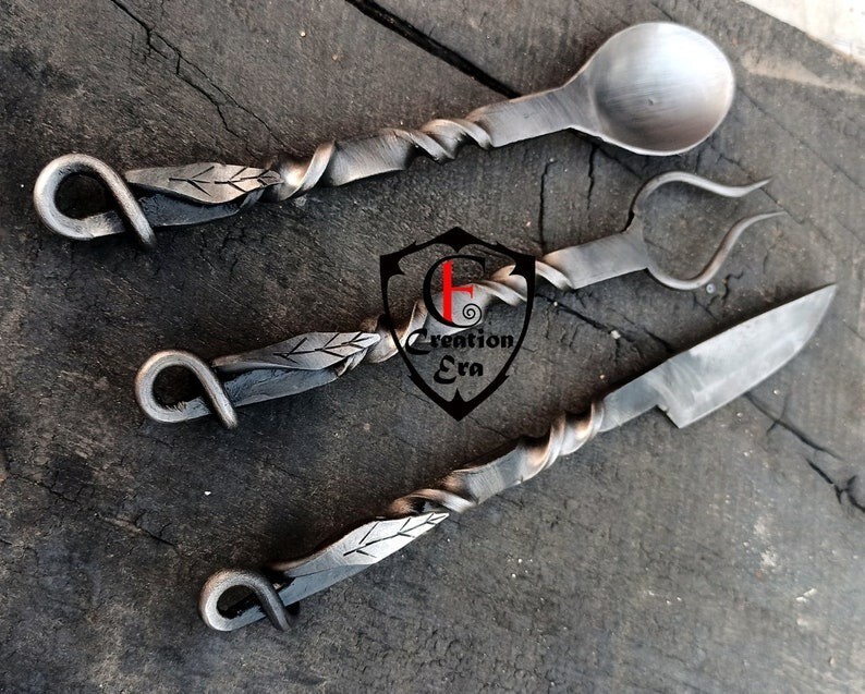 Medieval Cutlery Set Hand Forged Iron Spoon, Knife & Fork Viking Feast ...