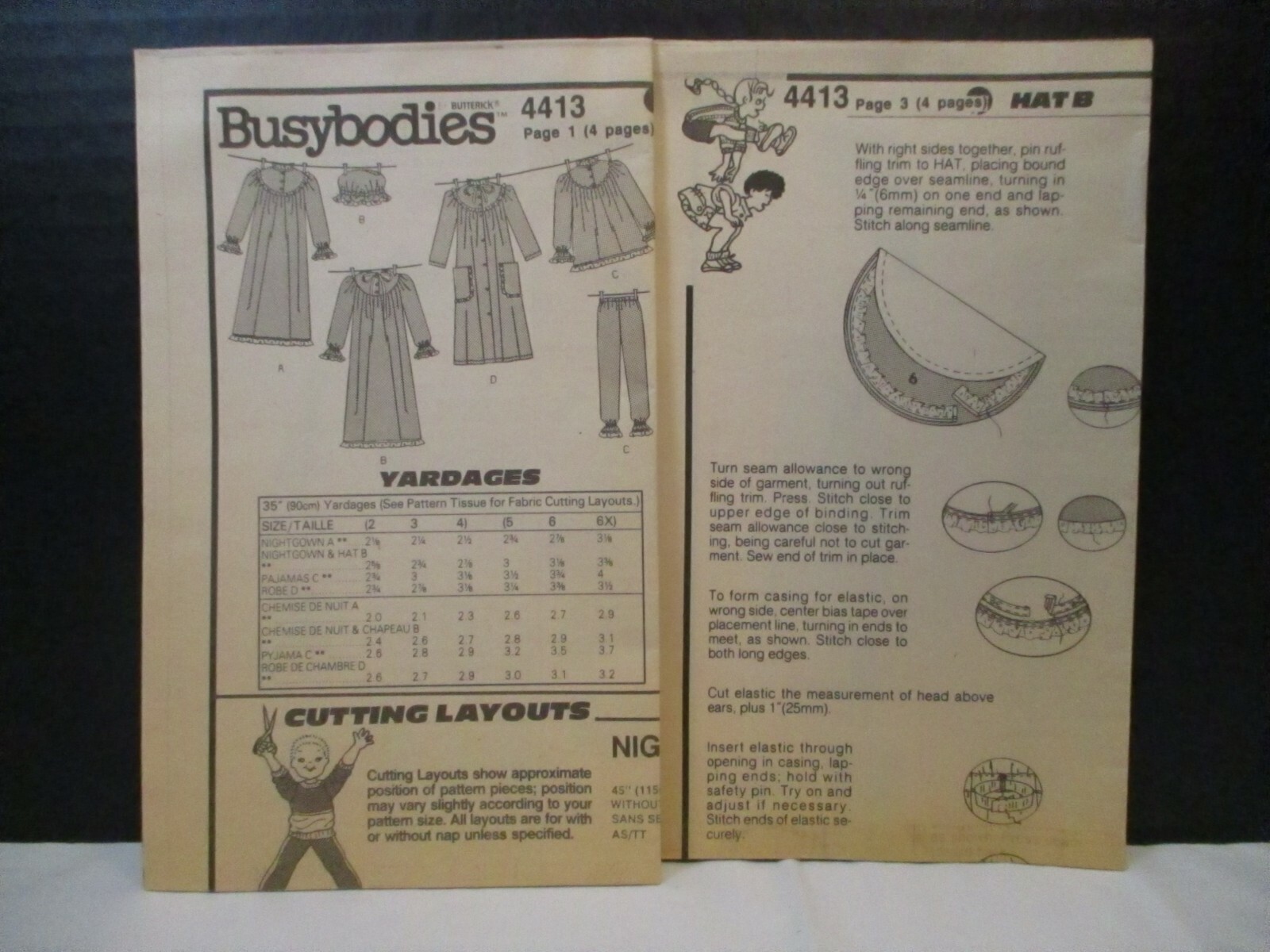 Butterick Pattern 4413 Girls Size 5-6-6X Robe Nightgown Hat Pajamas Cut ...