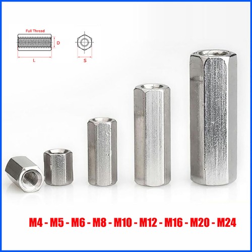 M5-M24 Hex Stud Connector Long Nuts A2 304 Stainless Full Thread Coupling Sleeve | eBay UK
