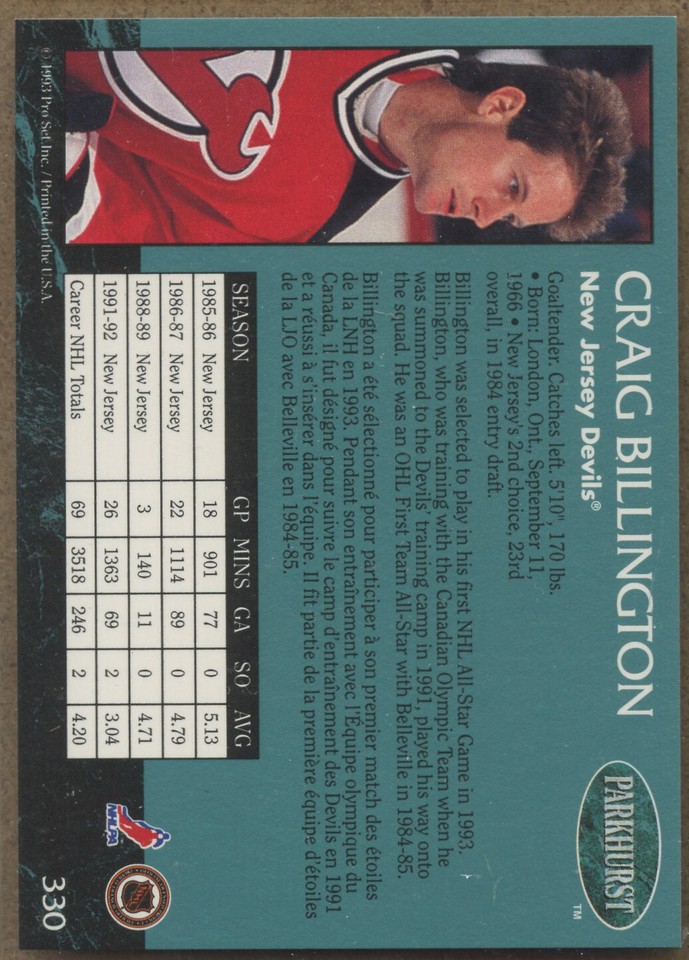 1992-93 Parkhurst #330 Craig Billington New Jessey Devils | eBay