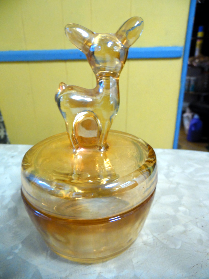 Vintage Jeanette Amber Carnival Glass Deer Fawn Trinket Candy Dish w ...