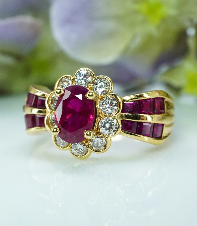 Vintage 18K Gold Burma Ruby Halo Diamond Ring Designer Signed M | eBay