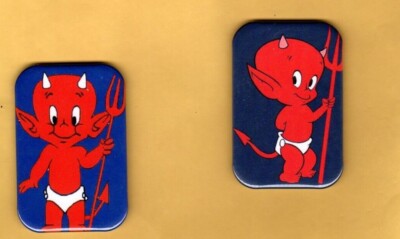 LITTLE RED DEVIL 2 MAGNETS OR BUTTONS, PINBACK 2"X3" W/ ROUNDED CORNER ...