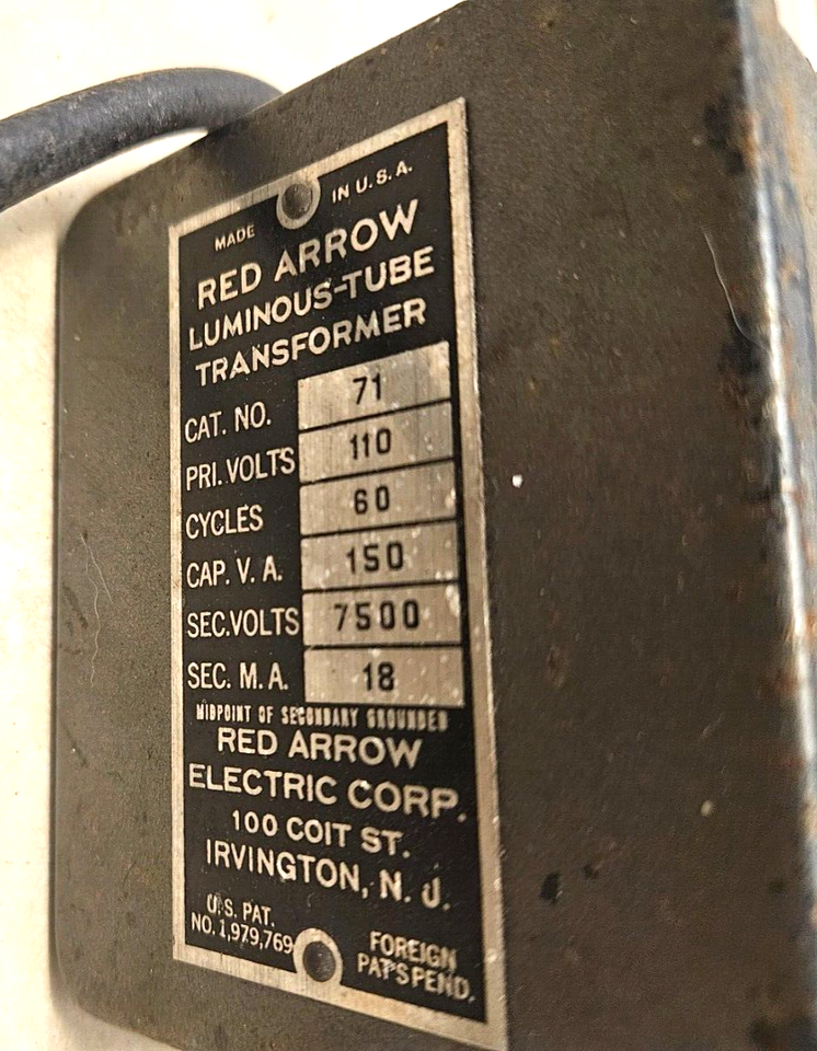 Red Arrow Luminous Tube Transformer Cat No 71 Volts 110 Cycles 60 | eBay