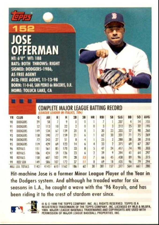 2000 Topps Baseball Card Jose Offerman Boston Red Sox #152 | eBay