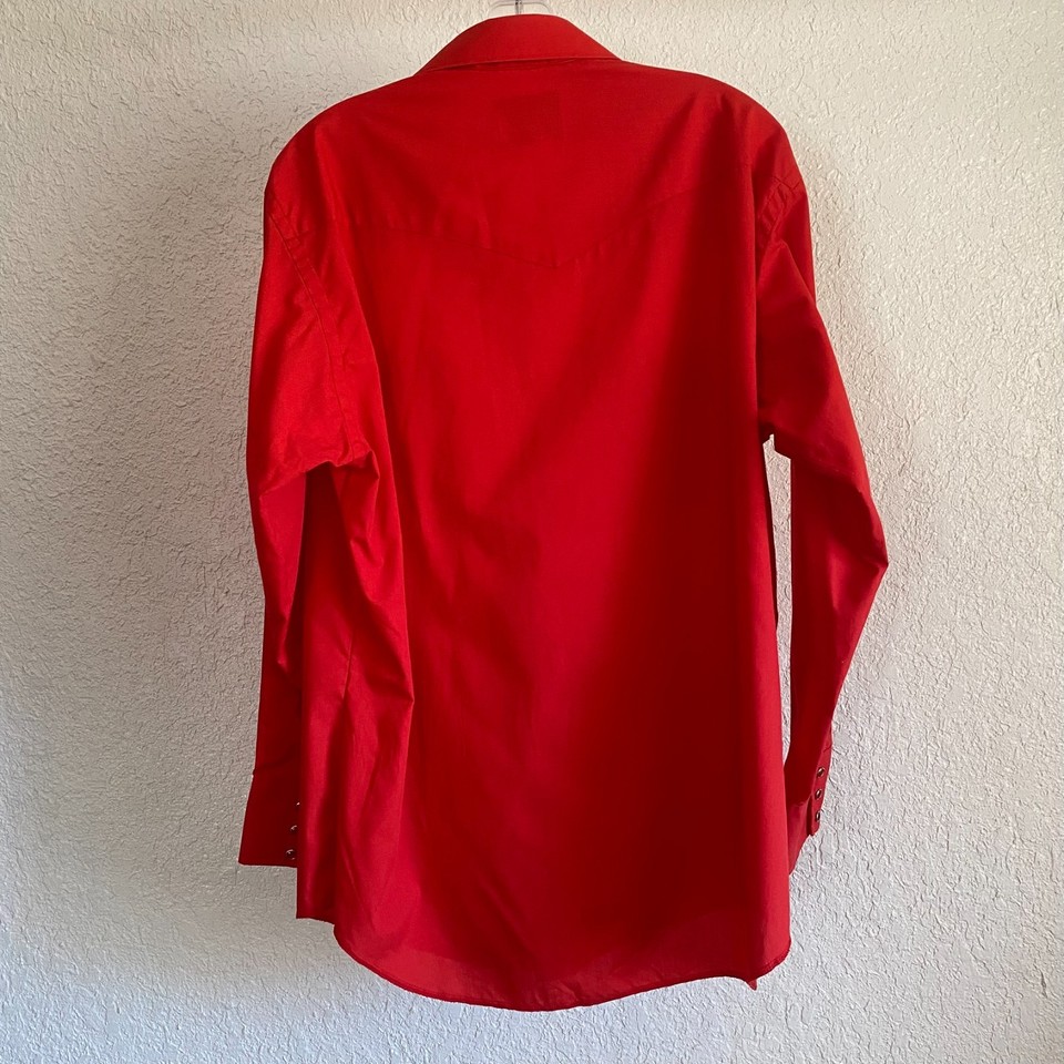 VTG Wrangler Western Shirt L Red Cowboy Cut X-Long Tail RubySnap Long ...