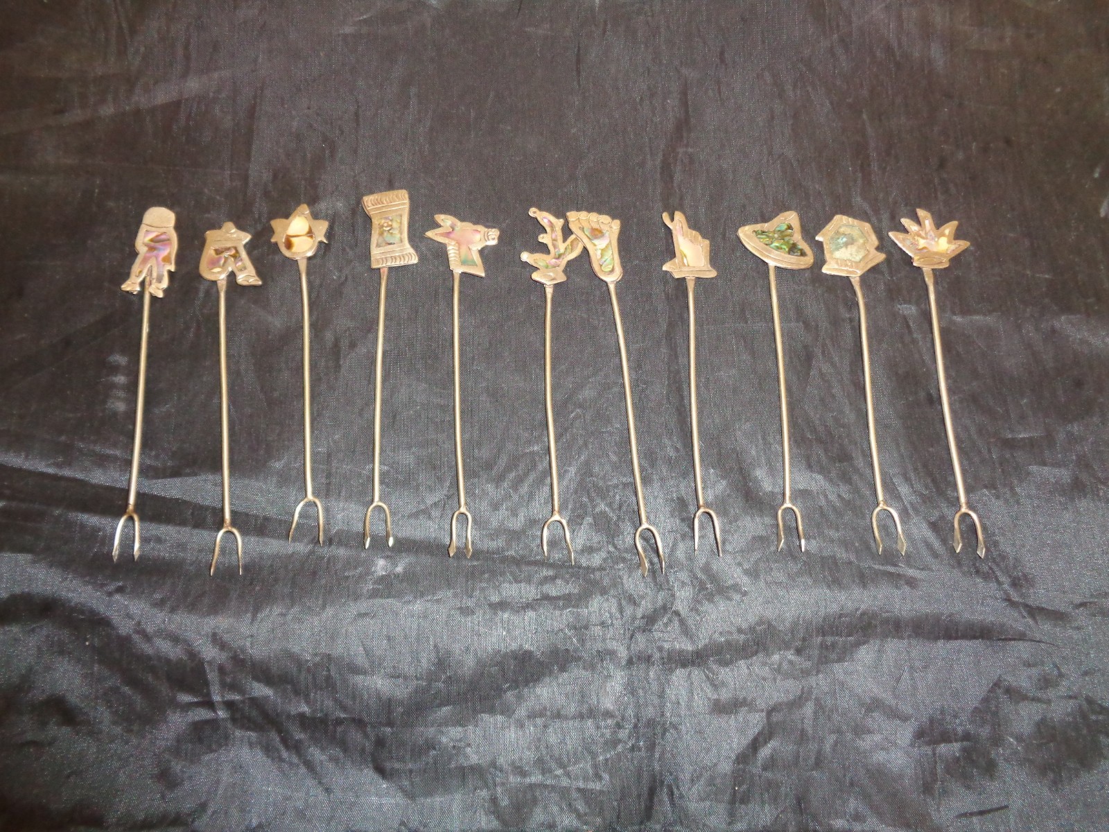 Vintage Set of 11 Cocktail Forks Picks Alpaca Silver with Abalone Party ...