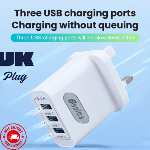 3 Multi-Port Fast Quick Charge USB Hub Mains UK Plug Adapter Wall ...