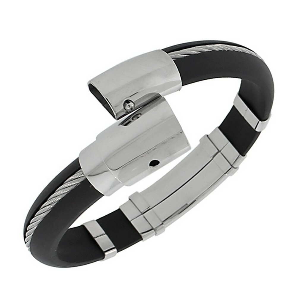 EDFORCE Stainless Steel Black Rubber Silver-Tone Twisted Cable Rope ...