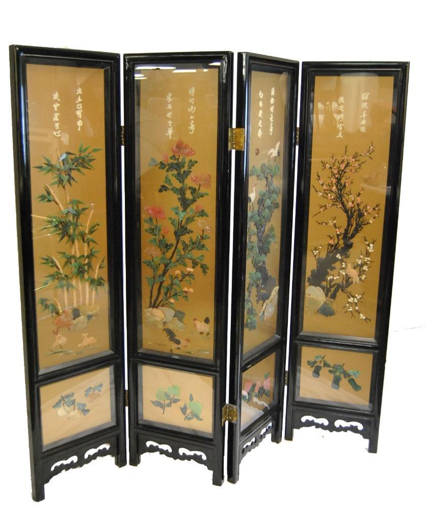 Asian Four Panel Hand Painted Screen in Lacquer with Stonework | eBay