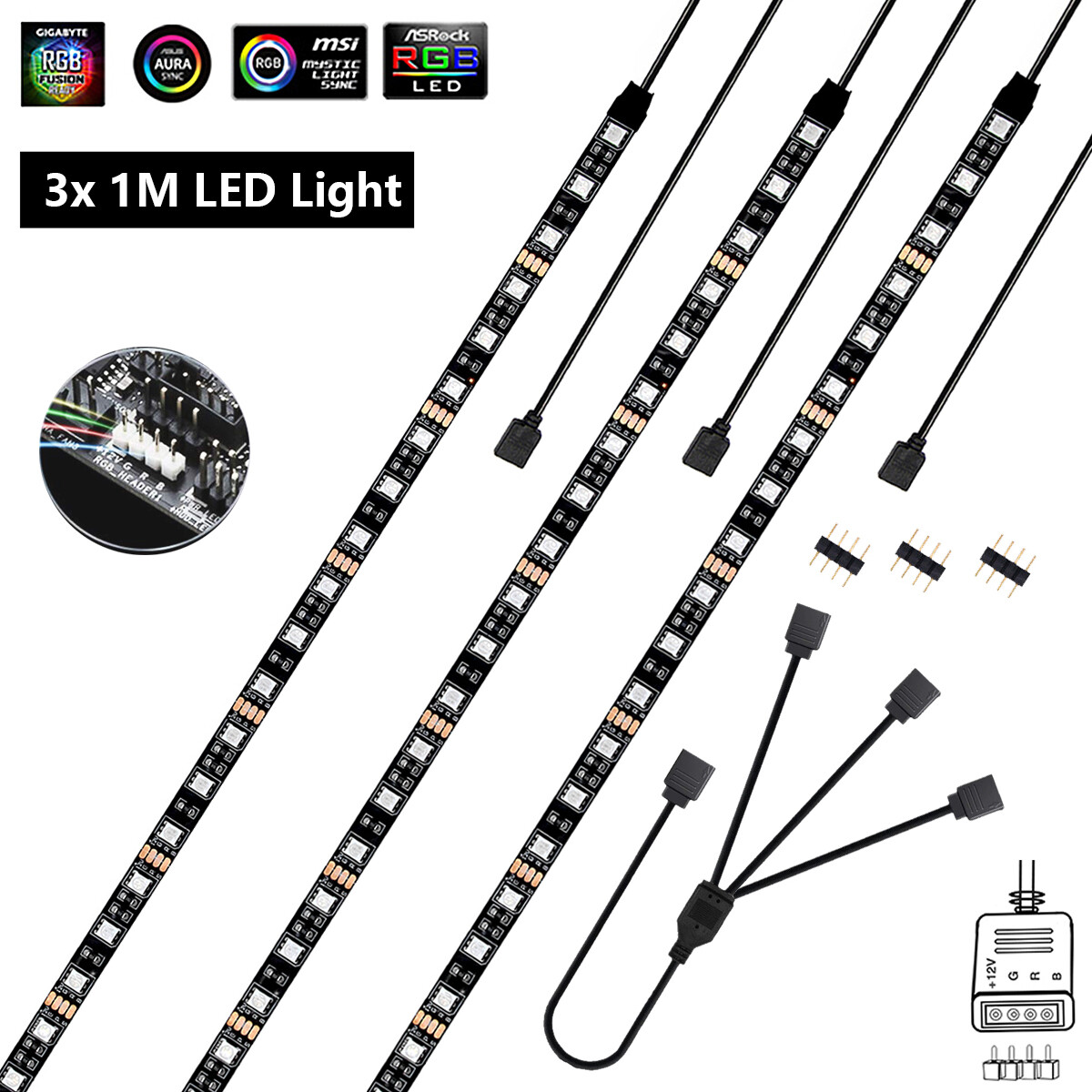 12V 4Pin DIY RGB Gaming LED Strip Light 0.5m 1m 2m For Aura Sync ...