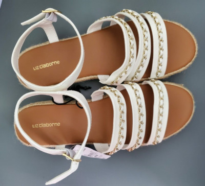 Liz Claiborne Ivory White Faux Leather Sandals Gold Chain Accent Rope ...