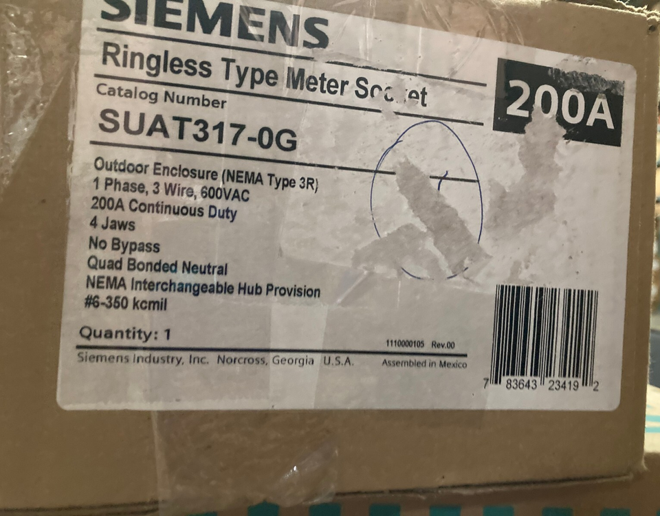 Siemens Ringless Type Meter Socket 200 A 4 Jaw 1-Phase Outdoor Use ...