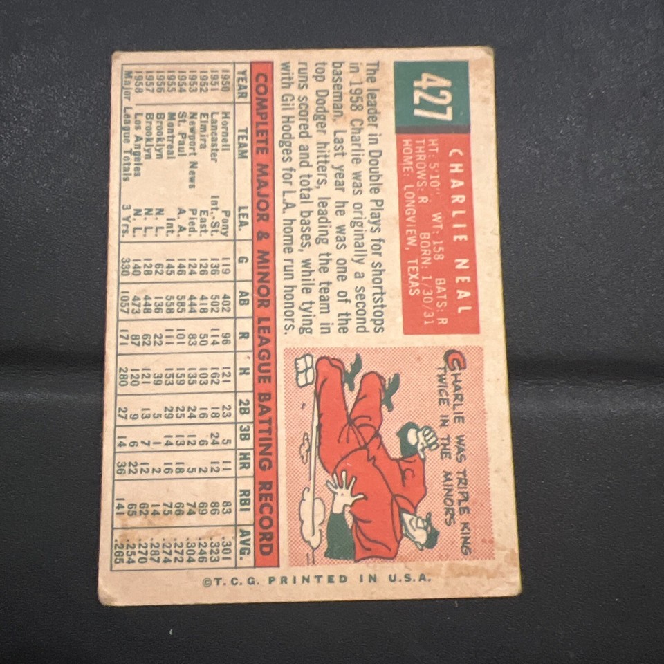 1959 Topps Baseball Card #427 Charlie Neal - Low To Mid Grade - G/VG ...