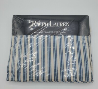 Ralph Lauren Claudine Blue Striped Twin Flat Sheet Made In USA 100% ...