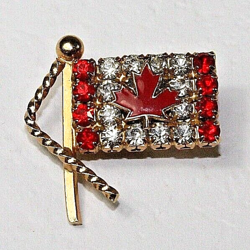 Canadian Flag Pin Brooch Red White Rhinestones Gold Colored Vintage ...