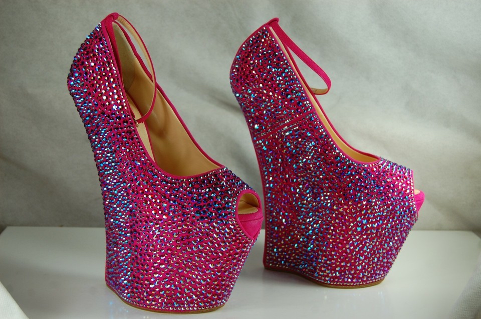 37/7 ️$3000 ZANOTTI HIGH HEELS LESS WEDGE PINK SUEDE LEATHER CRYSTAL ...