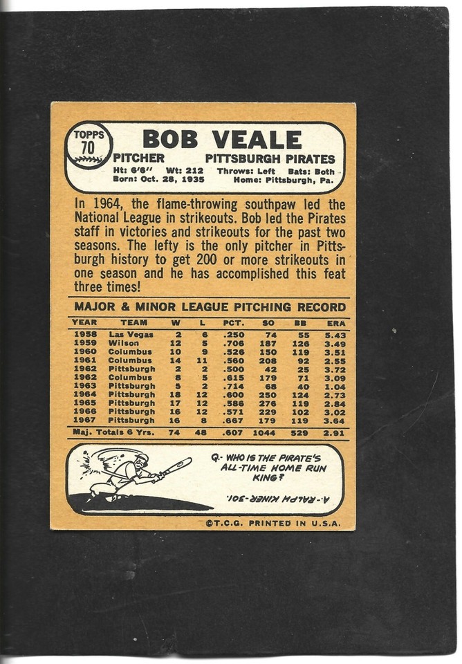 1968 Topps MLB # 70 Bob Veale | eBay