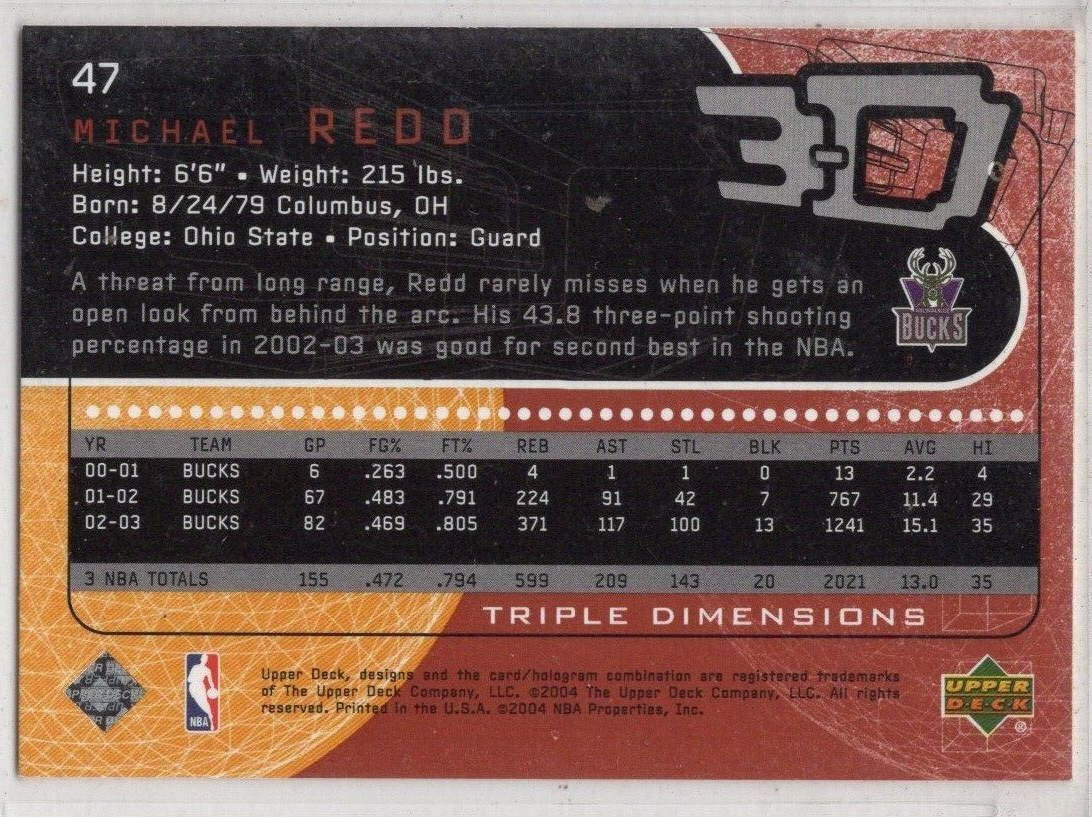 2003-04 Upper Deck Triple Dimensions Michael Redd Milwaukee Bucks #47 ...