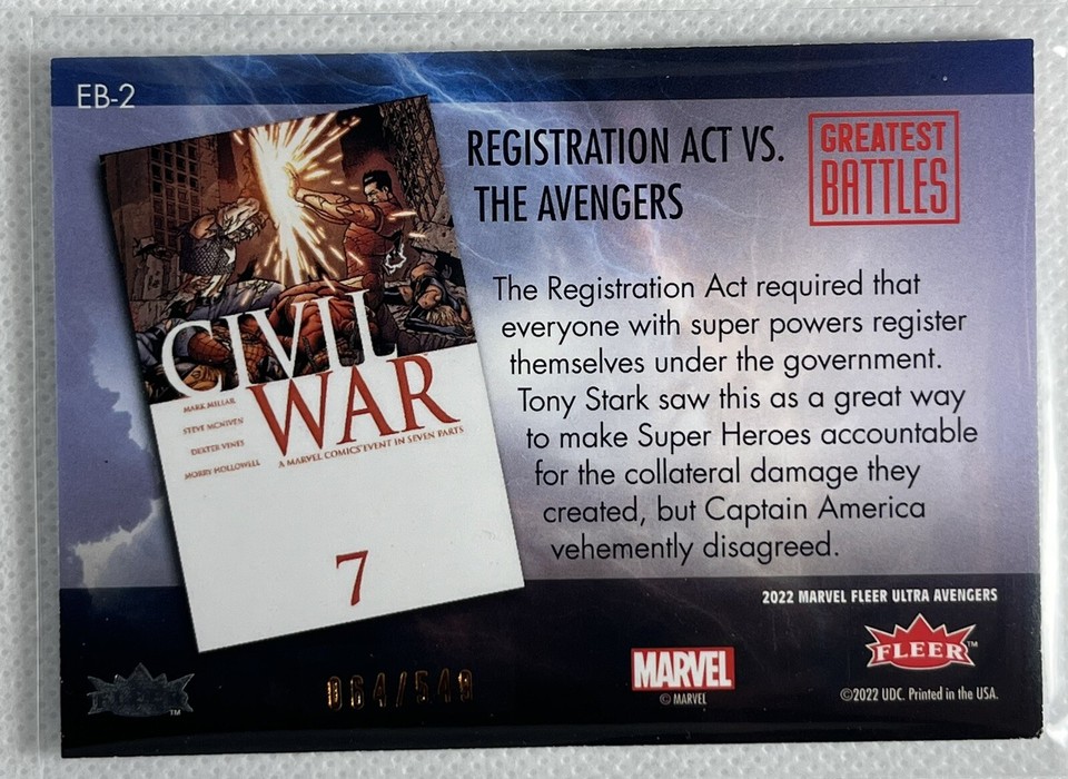 2022 Marvel Fleer Ultra Registration Act vs The Avengers EB-2 Orange ...