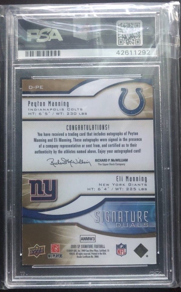 2009 SP SIGNATURE DUALS ELI MANNING PEYTON MANNING AUTO CARD 6/10 PSA ...