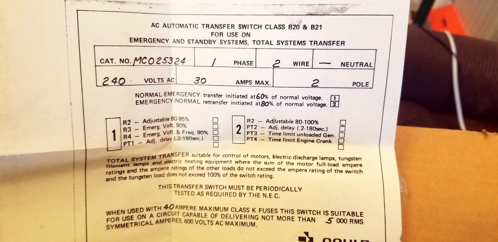 30 AMP 240 VOLT 307-2242 ONAN MC-0-253-24 GOULD TRANSFER SWITCH ...