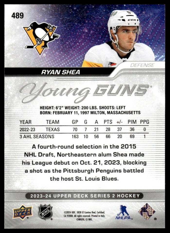 2023-2024 Upper Deck Ryan Shea Young Guns Pittsburgh Penguins | eBay
