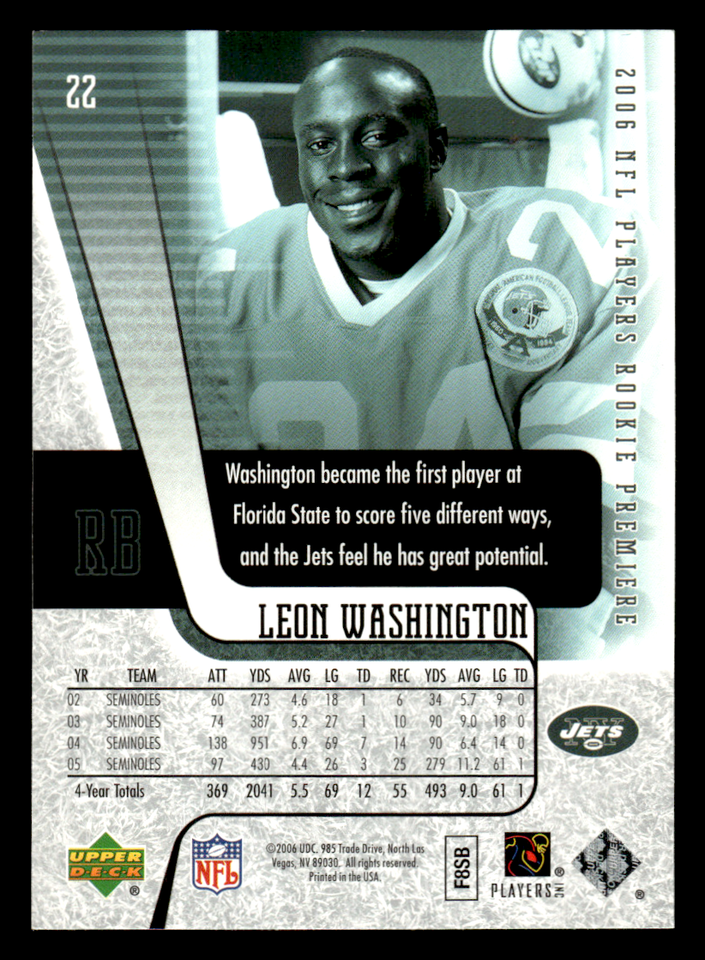 2006 Upper Deck NFL Players Rookie Premiere Leon Washington #22 Rookie ...