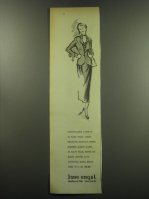 1949 Jane Engel Dress Ad - Indispensable Combine in fluid wool jersey ...