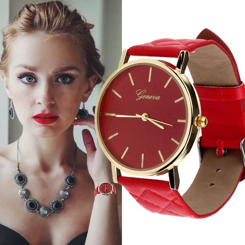 Women`s Luxury Fashion Gold Geneva Quartz Red Faced Red Checked Band ...