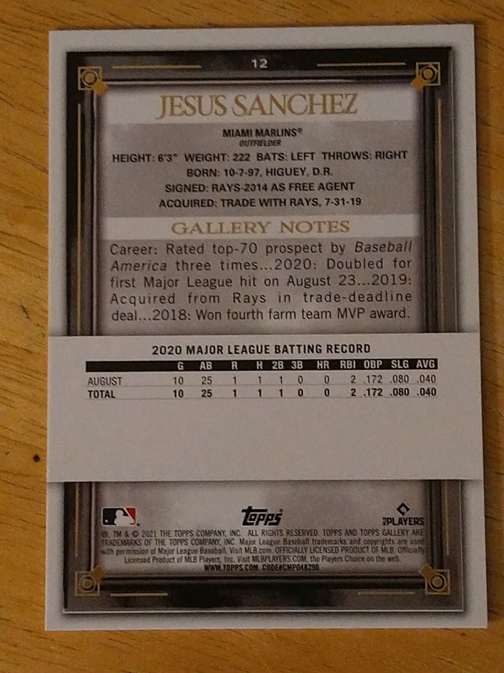 2021 Topps Gallery Jesus Sanchez Rookie Card RC #12 Miami Marlins | eBay
