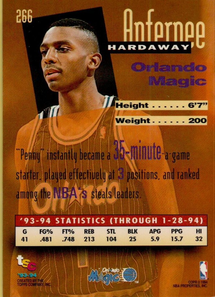 1993-94 Topps Stadium Club #266 Anfernee Hardaway Orlando Magic Rookie ...