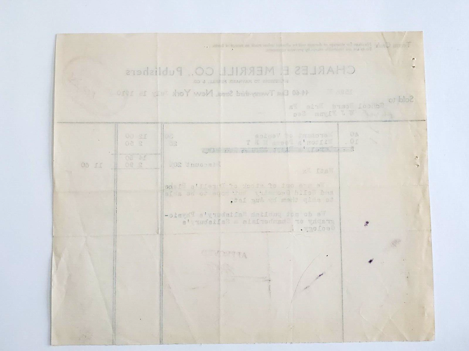 1910 Invoice, Charles E. Merrill Co, Publishers, New York , Erie PA ...