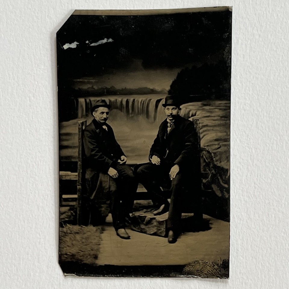 Antique Tintype Photograph Dapper Handsome Men Hats Mustache Waterfall ...