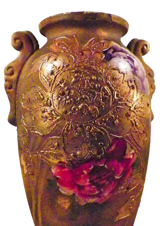 Morimura Art Pottery Vase Red Purple Flowers Gold Moriage Tall Handles ...
