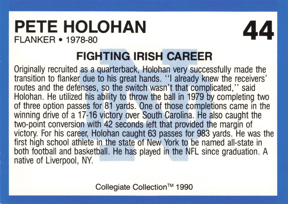 Pete Holohan #44 1990 Collegiate Collection Notre Dame Notre Dame ...