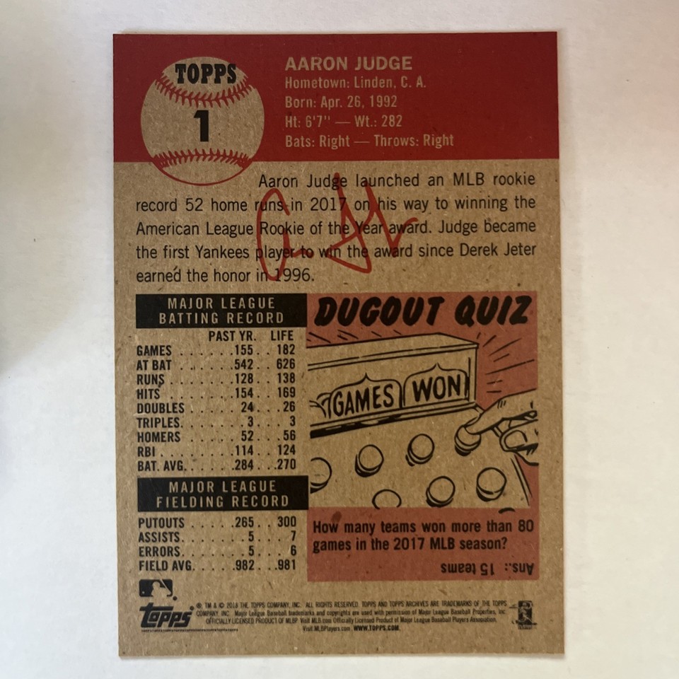 2018 Topps Living Set #1 AARON JUDGE MINT New York Yankees 1953 Topps ...