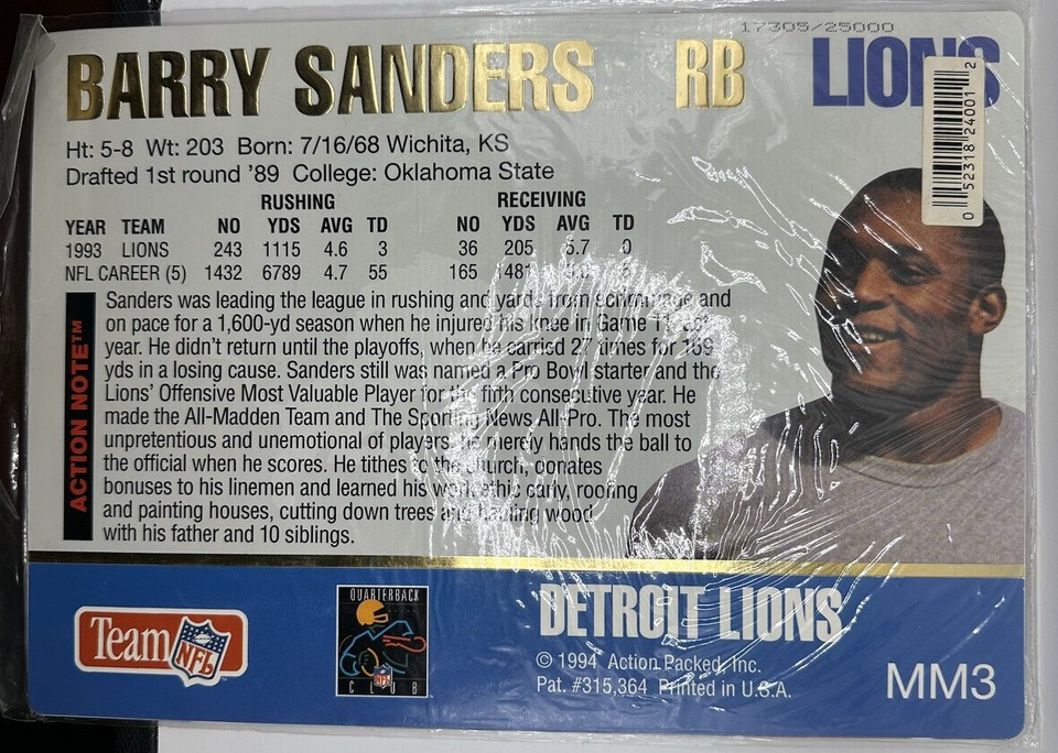 BARRY SANDERS / 1994 ACTION PACKED-DELUXE MAMMOTH CARD MM3. | eBay