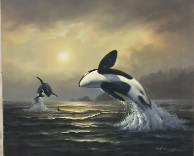 Tok Hwang Original Oil Painting 1988 Ocean Orcas Medium 24x20" (716) | eBay